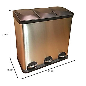 Triple Compartment 60Liter Recycling Trash Can Combo, Metal, Silver, 3 Bin XL Three Way Indoor Container Station Organizer, Heavy Duty, Rustproof, Portable, Dispenser