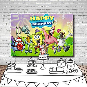 Vinyl Photography Backdrop Cartoon for Children Happy Birthday Party Banner Decoration Photo Booth Studio Props Animation Spongebob Patrick Start Photo Background Baby Shower Cake Table 5x3ft