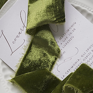 HUIHUANG Olive Green Velvet Ribbon 2 inch Handmade Fringe Frayed Silk Velvet Ribbon for Flower Bouquet, Gift Wrapping, Invitations, Holiday Christmas Decor, Wedding Bridal Shower Decor-3 Yards