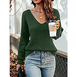 CUPSHE Women's Casual V Neck Sweater Fall Knit Oversize Fitted Pullover with Long Sleeves, Green S
