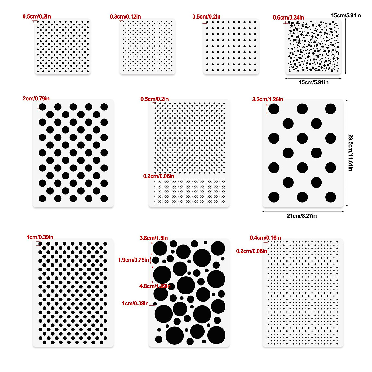 Dots Stencils, 10 Pcs Mixed Media Assorted Size Polka Dot Stencils Repeating Reusable Cluttered Circle Stencils for Painting on Wood Furniture Pillow Wall Scrapbook Card Making DIY Craft (A4 & 6"x6")