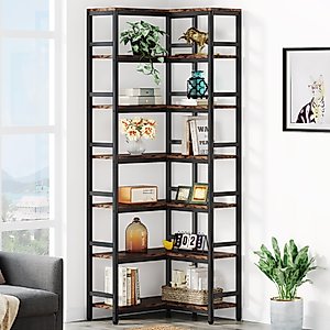 Tribesigns 78.74” Tall Corner Shelf, 7 Tier Industrial Corner Bookcase Storage Display Shelves for Living Room Home Office, Rustic Brown
