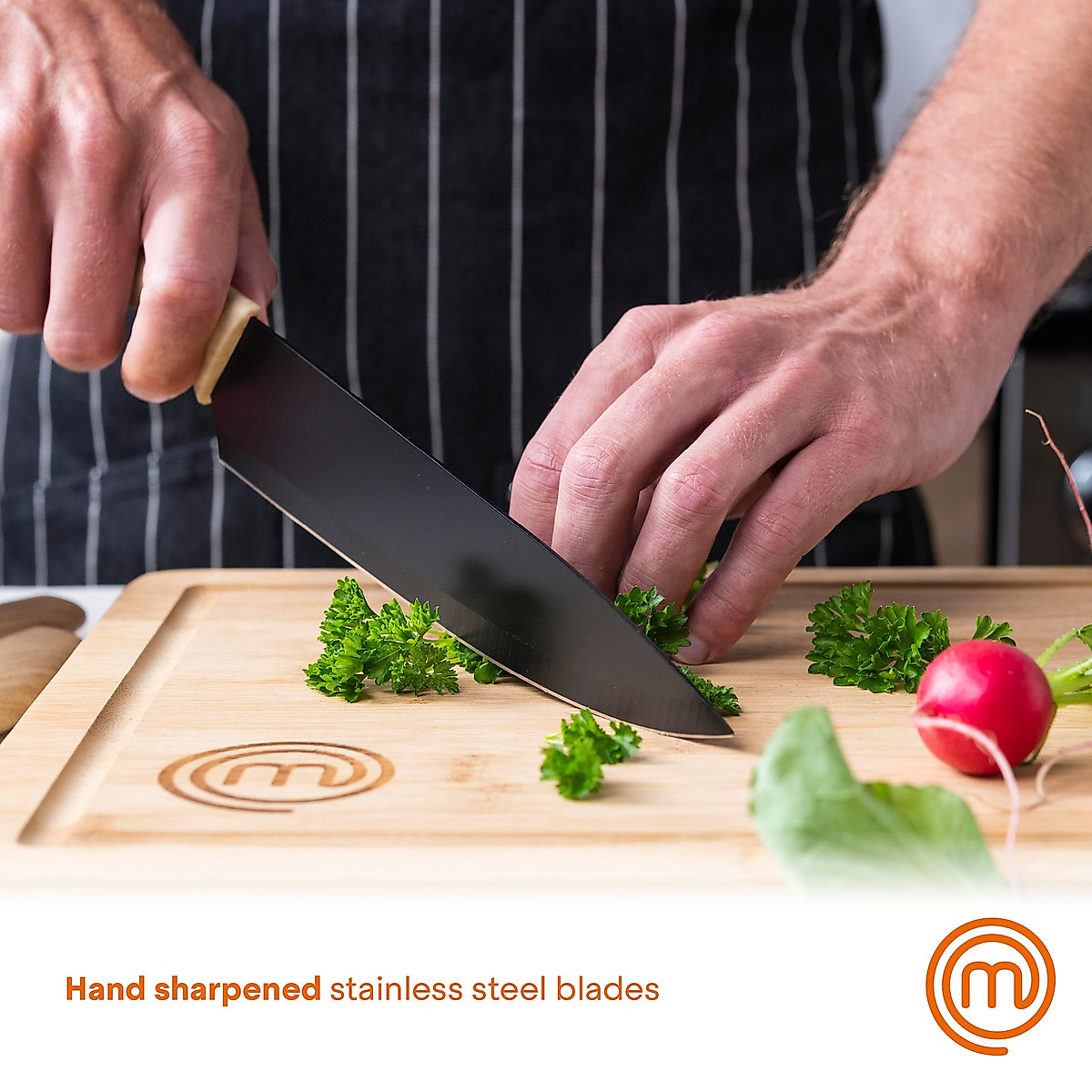 MasterChef Knife Set of 5 Kitchen Knives for Cooking (Paring, Utility, Bread, Carving & Chef Knives), Professional Sharp Stainless Steel, Non Stick Blades & Soft Touch Handles, Natural, 5 Piece