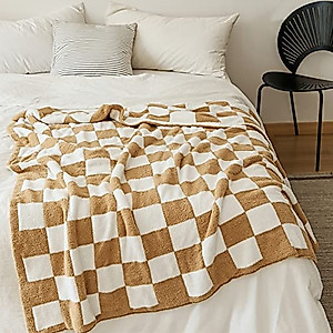 Checkerboard Throw Blanket Soft Cozy Khaki Blanket Reversible Fleece Checker Blanket for Couch Sofa Winter Warm Fuzzy Bed Knitted Blanket 60×80 Inches