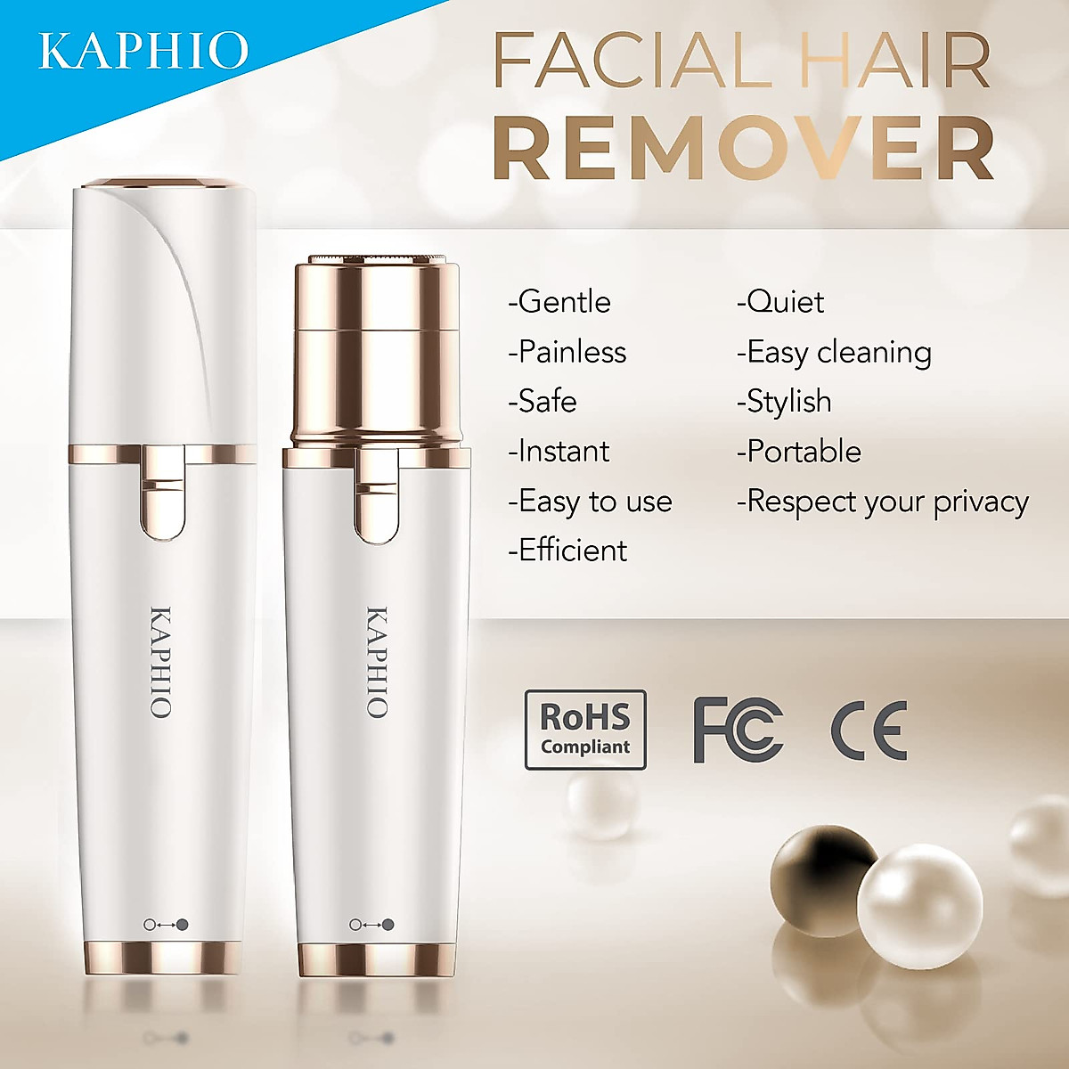 Kaphio Women's Facial Hair Removal, Painless Hair Remover, Reusable Electric Shaver, White, Lithium-Ion Battery, 1 Hour, Simple/Minimalist Style