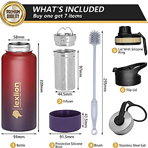 Lexlion Water Bottle 32 Oz, Triple Walled Insulated Stainless Steel Reusable, Wide Mouth, Fruit Diffuser-Thermal Leaf Infuser, Silicone Sleeve&Cleaning Brush, 3 Lids Leak Proof, Metal Mug gallon