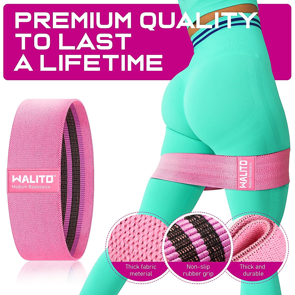 WALITO Resistance Bands for Legs and Butt, Fabric Exercise Loop Bands Yoga, Pilates, Rehab, Fitness and Home Workout, Strength Bands for Booty