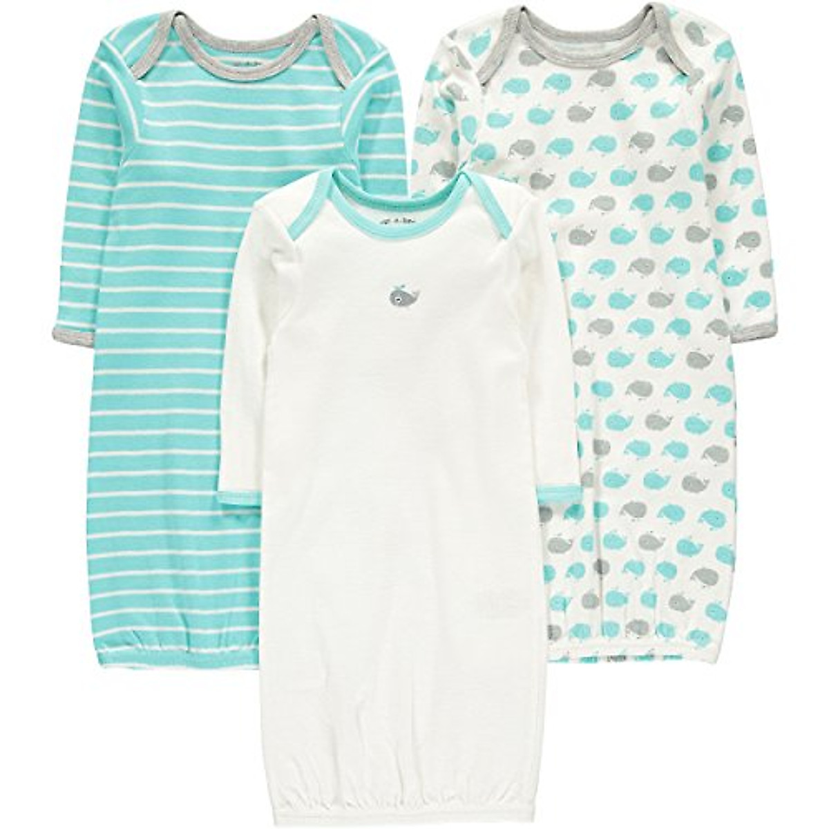 Wan-A-Beez Baby 3 Pack Printed Gown - Turquoise Whale,0-6 Months