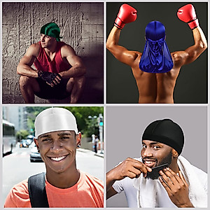 ASKNOTO 4 Pcs Silky Men Durag Headwraps with Long Tail and 4 Pcs Silk Wave Cap Perfect for 360 Waves