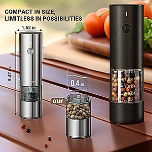 Small Electric Salt and Pepper Grinder Set,USB Rechargeable Salt and Pepper Mill with 5 Adjustable Coarseness Refillable, Stainless Steel One Hand Automatic Pepper Salt Shakers with Wood Base(2 pack)