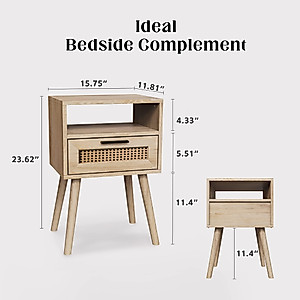 AmzYuga Nightstands Set of 2, Rattan Night Stand, Boho Nightstand with Drawer Open Storage, Modern Bed Side Table with Solid Wood Feet for Bedroom