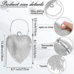 Women Heart Shape Crystal Tassel Clutch Purse Silver Rhinestone Evening Hand Bags with Long Chain for Wedding Engagement Party