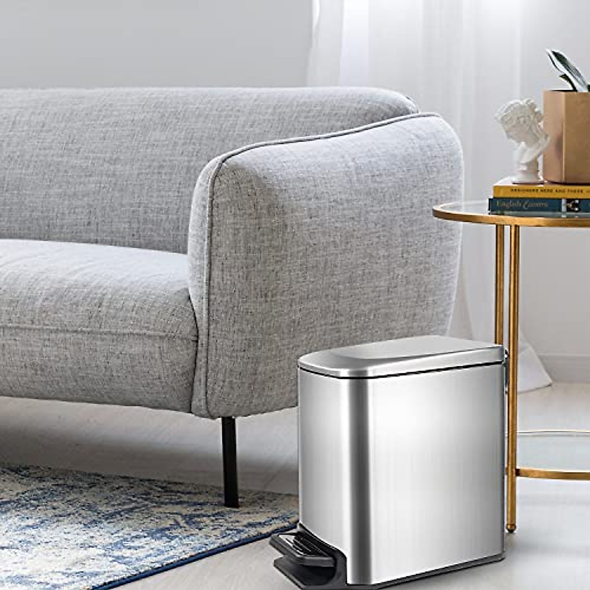 LINAN 6 Litter/1.6 Gallon Small Bathroom Trash Can with Lid Soft Close, Rectangular Garbage can for Office, Living Room, Kitchen and Bathroom, Brushed Stainless Steel