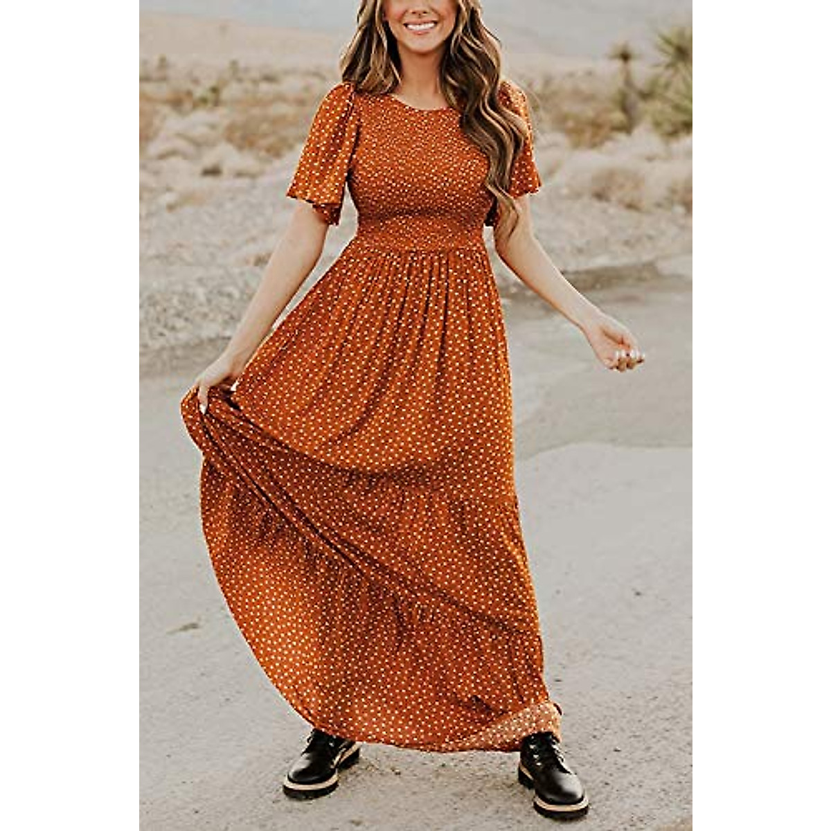 Kranda 2023 Summer Dresses for Women Round Neck Short Flutter Sleeve Casual Swing Flowy Smocked Ruffle Tiered Maxi Floral Dress Camel XL