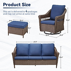 Patio Furniture Set, 5 Pieces Outdoor Conversation Set, All Weather Wicker Patio Furniture w/ Swivel Glider Rocking Chair, Ottoman, 3-Seat Couch & Comfy Cushions for Backyard, Deck, Poolside, Porch