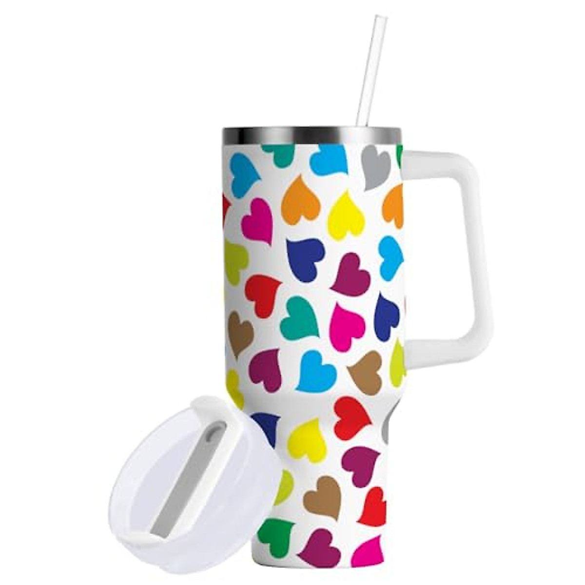 MCHIVER Colorful Hearts 40 oz Tumbler with Handle and Straw Stainless Steel Vacuum Water Bottle Leak-proof Travel Coffee Mug Insulated Tumbler with Lid