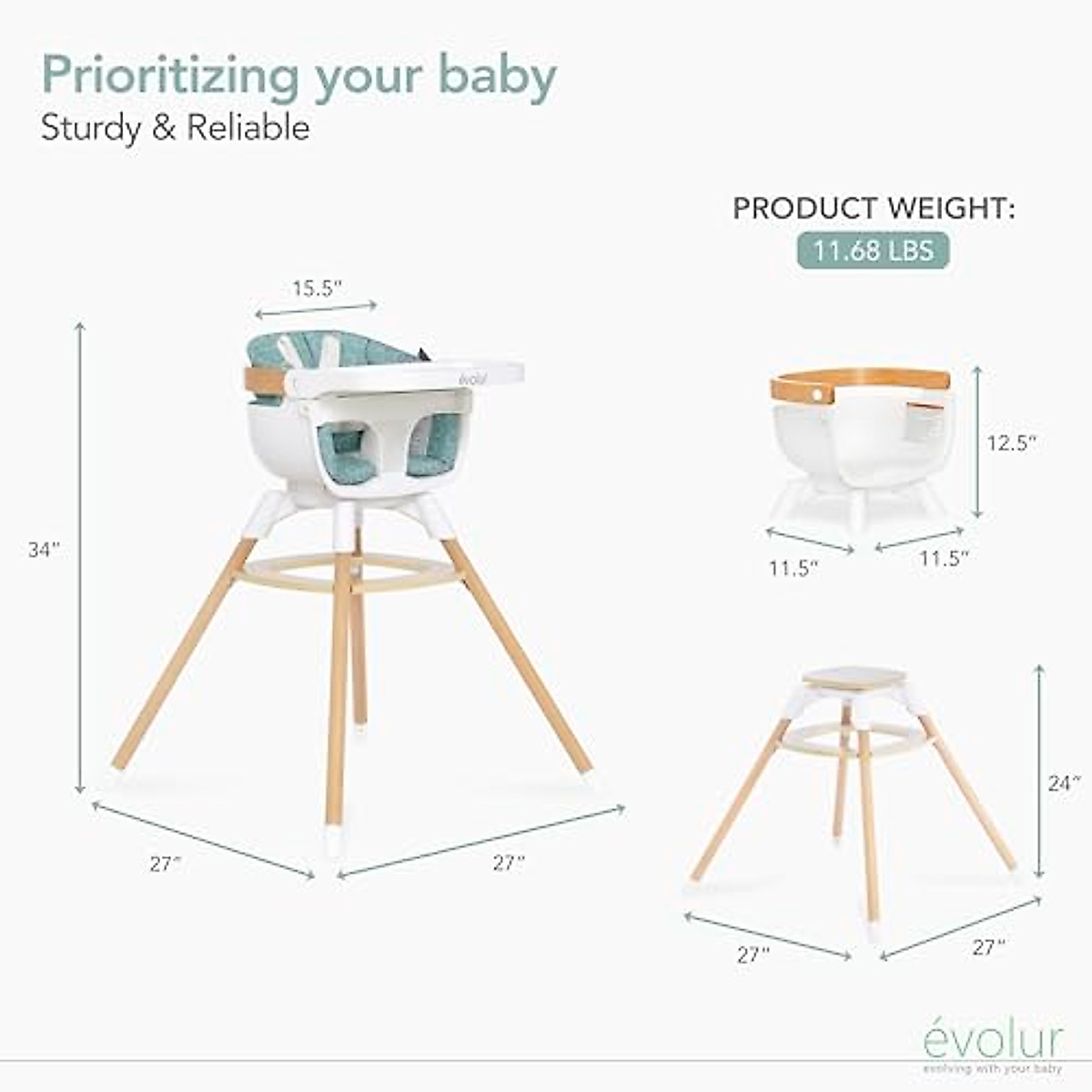 Evolur Ann Beechwood 4-in-1 Highchair | 360 Seat Rotation | Booster seat | Floor Chair | Bar Stool Chair | 5 Point Safety Harness | Blue