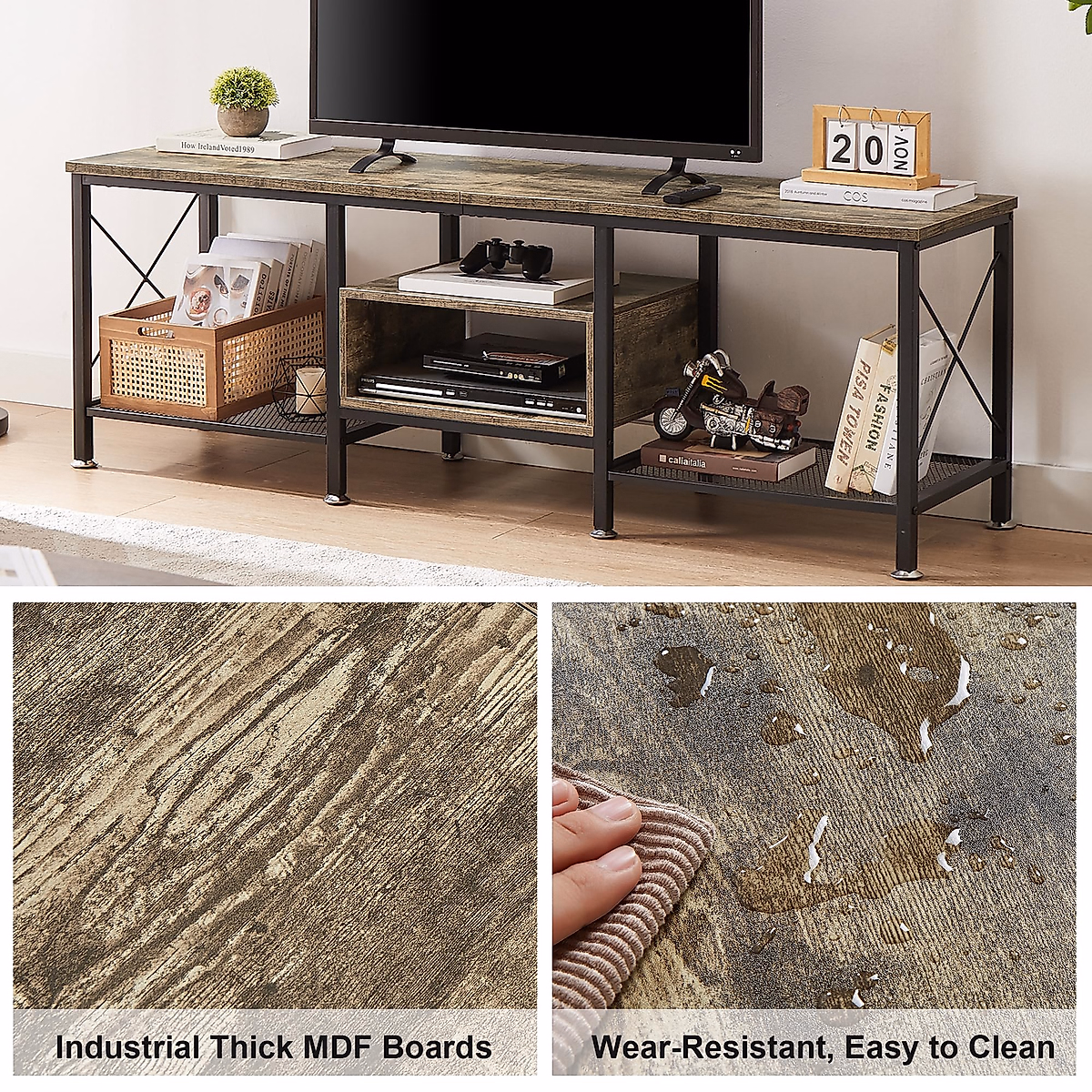 VECELO Industrial TV Stand for 75 Inch Television Cabinet 3-Tier Console with Open Storage Shelves, Entertainment Center Metal Frame for Living Room, Bedroom, 70 Inch, Grey