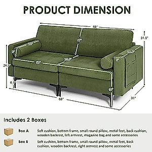 TUOCHUFUN Modern Loveseat Sofa Couch,Mid Century Couches for Living Room, Upholstered 2-Seat Love Seats with Pillow (Army Green)