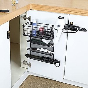 Wall-Mounted Hair Dryer Holder Styling Tool Organizer 4-Shelf Storage Wire Basket with Hook Heat Safe Rack for Hair Straighteners,Curling Wands,Flat Iron,Perfume,Cabinet Door Bathroom Kitchen