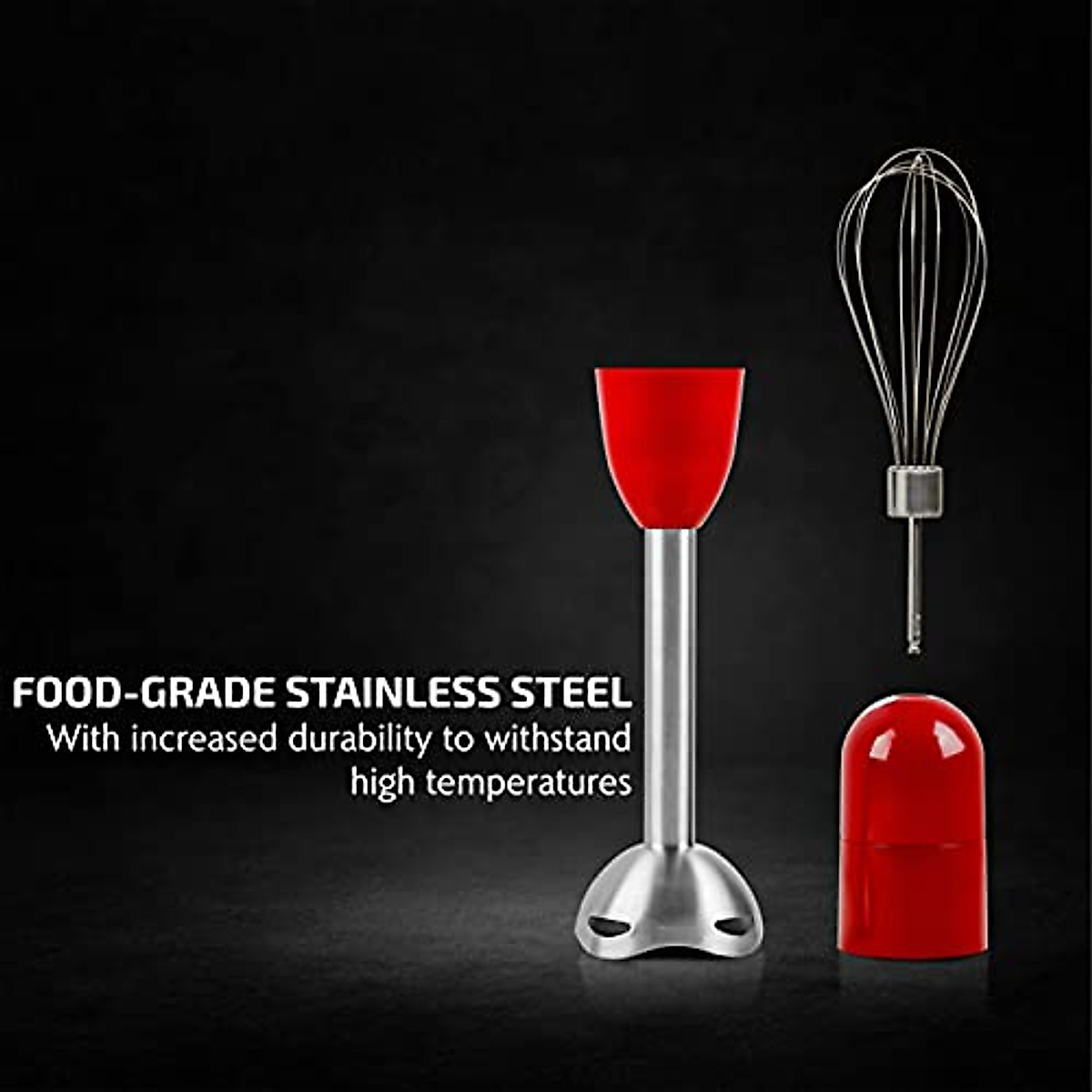 OVENTE Immersion Electric Hand Blender 300 Watt Power 2 Mix Speed with Stainless Steel Blades, Handheld Stick Mixer Set with Egg Whisk Attachment Mixing Beaker and BPA-Free Food Chopper, Red HS565R