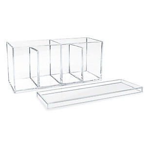 Isaac Jacobs 4-Compartment Clear Acrylic Organizer with Lid (9” L x 3” W x 4” H), Makeup Brush Holder, Sectional Tray, Storage Solution for Makeup, Crafts, Office Supplies & More (1, Clear)