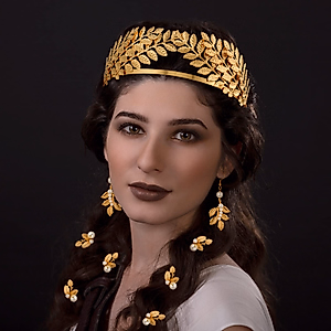 WILLBOND 15 Pieces Greek Goddess Costume Accessories Women Toga Golden Leaves Bridal Crown Headband Bracelet Pearl Earrings and Hair Pins (Fresh Style)