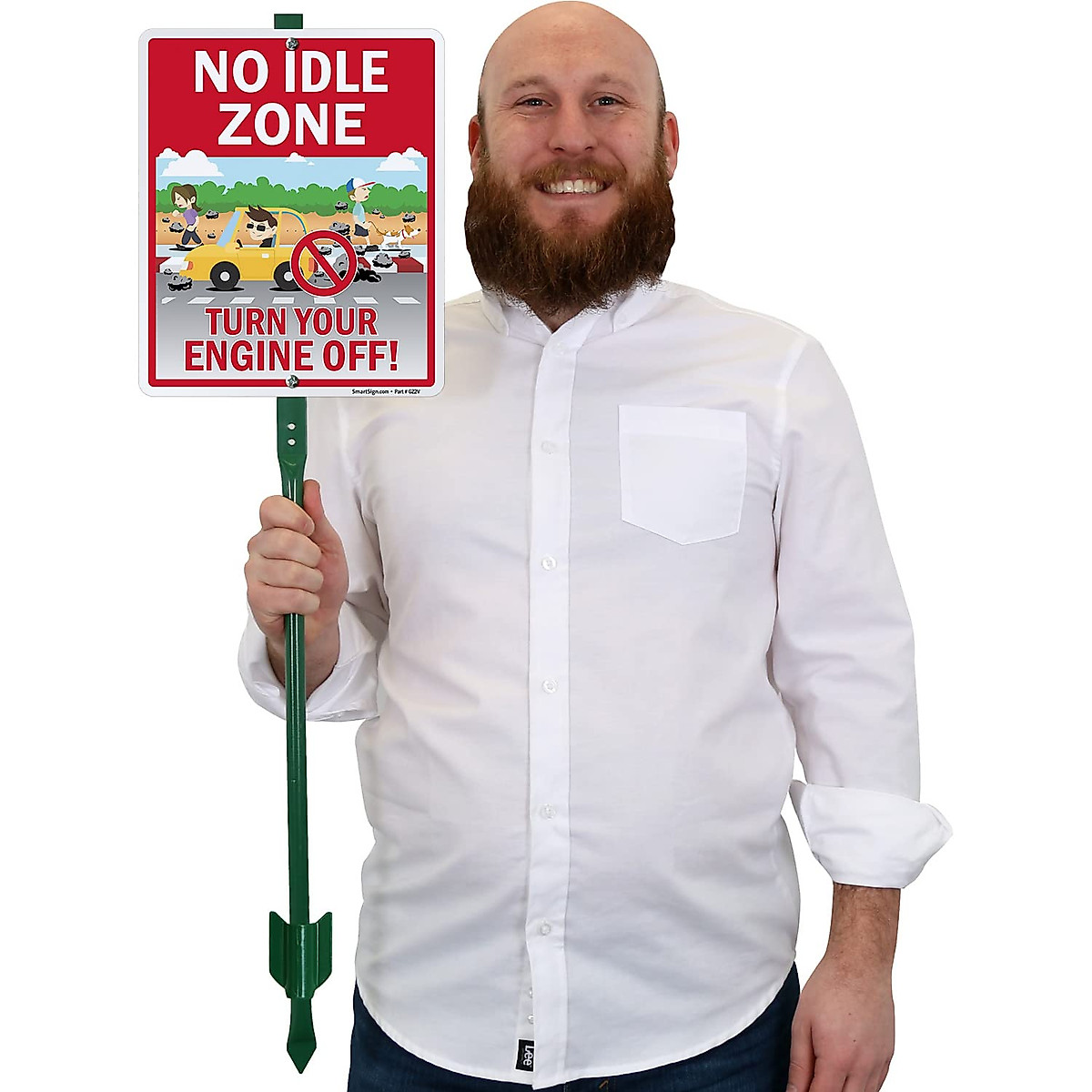 SmartSign 12 x 10 inch “No Idle Zone - Turn Your Engine Off” LawnBoss Yard Sign with 3 foot Stake, 40 mil Laminated Rustproof Aluminum, Multicolor, Set of 1, Made in USA