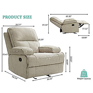RISAR Oversized Rocker Recliner Chair, Ergonomic Nursery Manual Rocking Armchair Upholstered Thick backrest & Removable armrest Single Sofa Chair for Living Room (Beige)