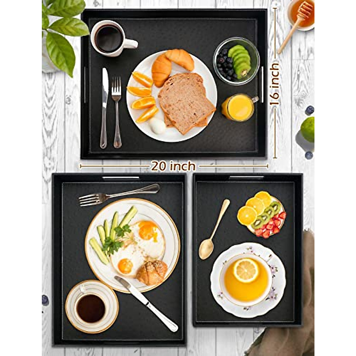 Ranslen Serving Tray with Handles, 20 x 16 Inch Rectangular Leather Tray for Coffee Table, Breakfast, Kitchen Home Black Tray Decor Extra Large