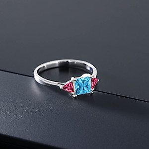 Gem Stone King 10K White Gold Swiss Blue Topaz and Pink Tourmaline 3 Stone Engagement Ring For Women (1.12 Cttw, Gemstone November Birthstone, Princess Center 5MM, Trillion 3.5MM) (Size 9)