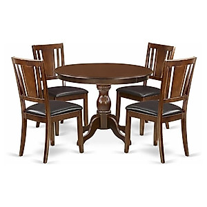 East West Furniture HBDU5-MAH-C 5 Piece Modern Dining Table Set Includes a Round Wooden Table with Pedestal and 4 Linen Fabric Dining Room Chairs, 42x42 Inch, Mahogany