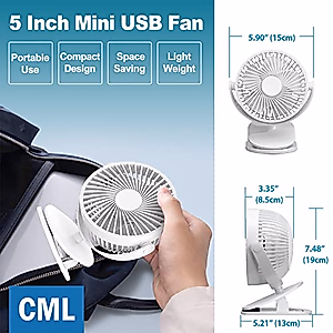 CML USB Desk Clip-On Fan, 5 Inch Mini Portable Cooling Table Fan with Sturdy Clamp, Quiet Personal Small Fan with 4 Speeds Brushless Motor, for Home, Office, Desktop, Camping, Travel, Car, White