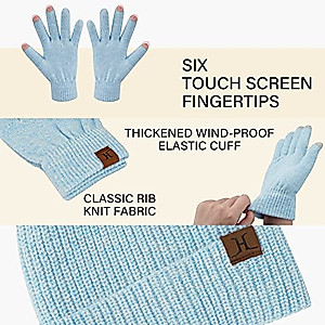 Womens Winter Knit Beanie Hats Touchscreen Gloves Warm Wool Hat and Gloves Set Skull Caps with Fleece Lined