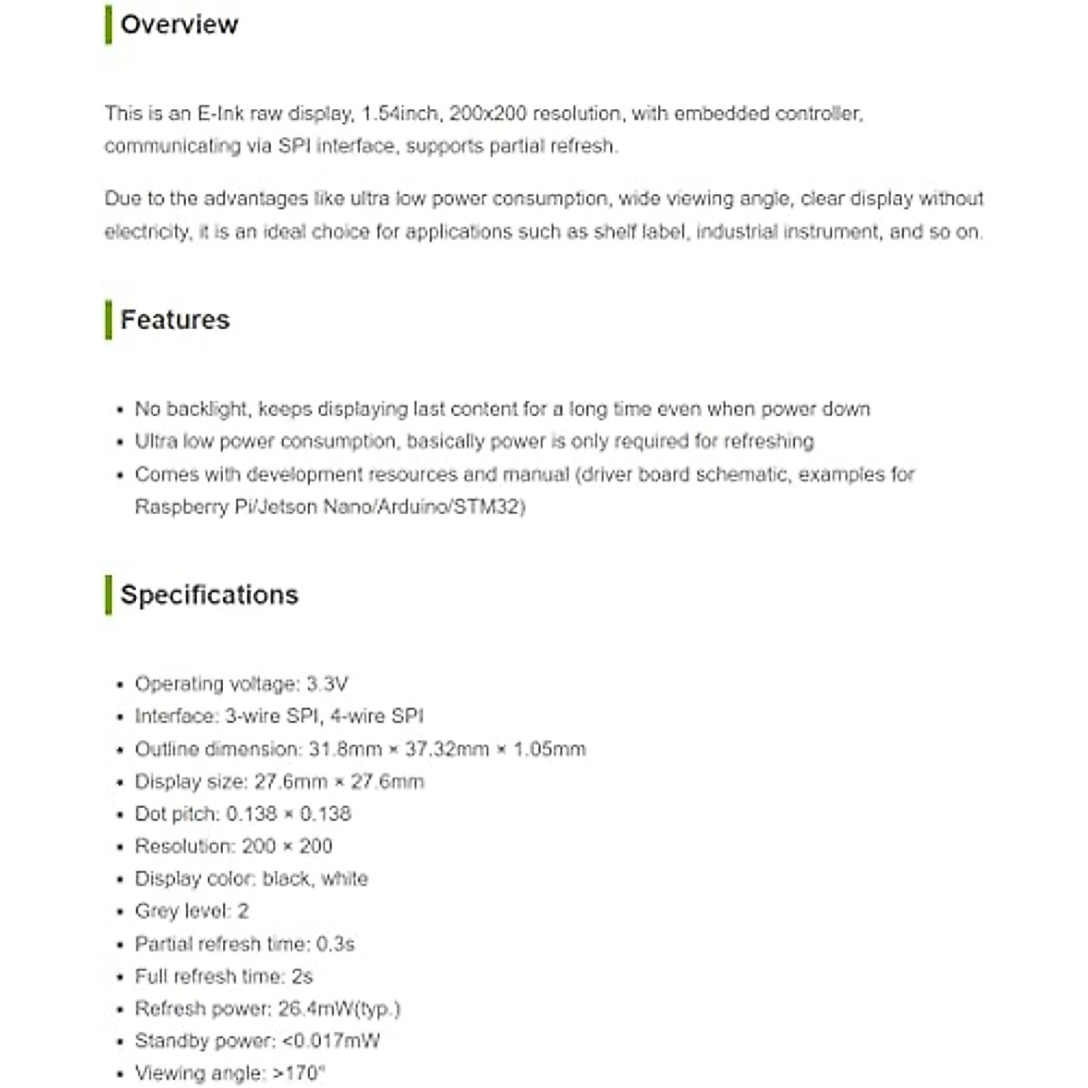 waveshare 1.54inch E-Ink Raw Display, Compatible with Raspberry Pi 5/4B/3B/Zero/Zero W/Zero 2W/Pico/Pico W/Pico WH, 200x200 Resolution with SPI Interface, Without PCB, Supports Partial Refresh