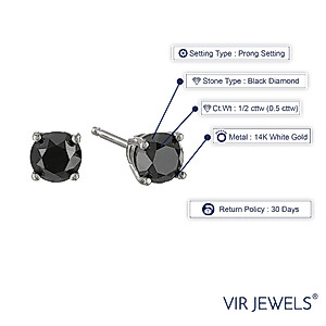 Vir Jewels 1/2 cttw Black Diamond Stud Earrings 14K White Gold Round Push Backs Prong Set