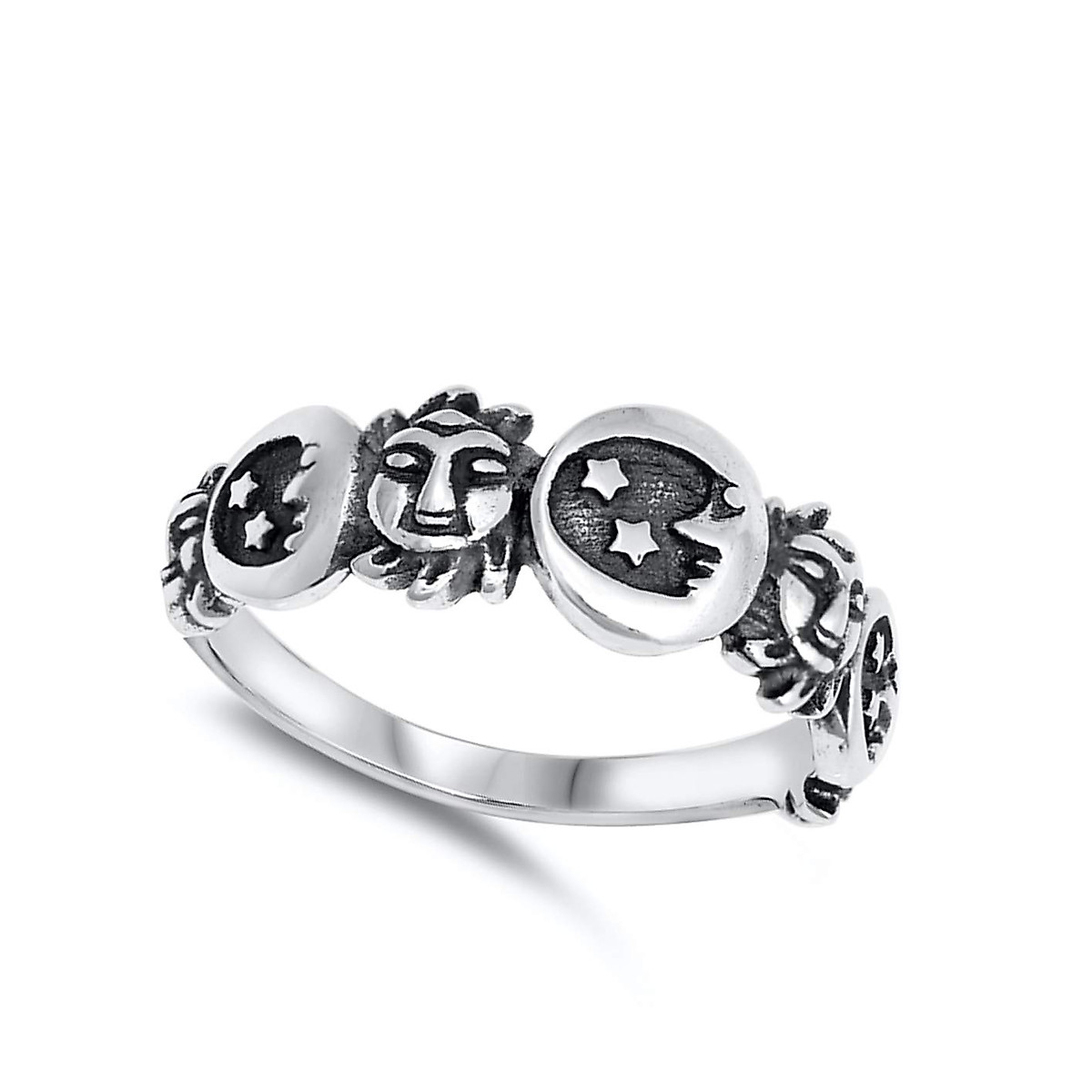 Oxidized Moon Star Sun Mythological Ring .925 Sterling Silver Band Size 7
