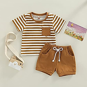 Toddler Baby Boy Summer Clothes Short Sleeve Stripes T-Shirt Shorts Set 2 Piece Outfit Brown 18-24 Months