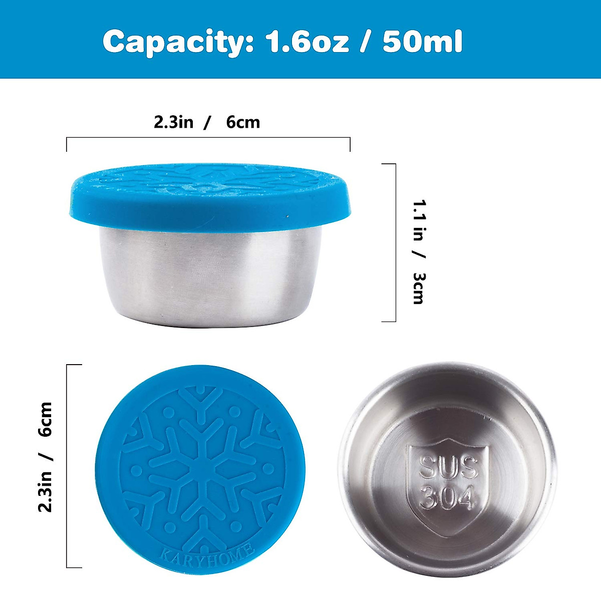 LALASTAR Stainless Steel Condiment Containers with Lids, Leakproof and Reusable Lunch Bento Box Sauce Container, 4x1.6oz, Blue