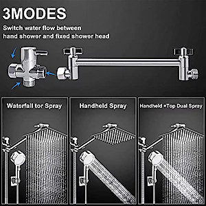 12 Inch Shower Head with Extension Arm 9 Setting Rain Shower Head with Handheld Spray