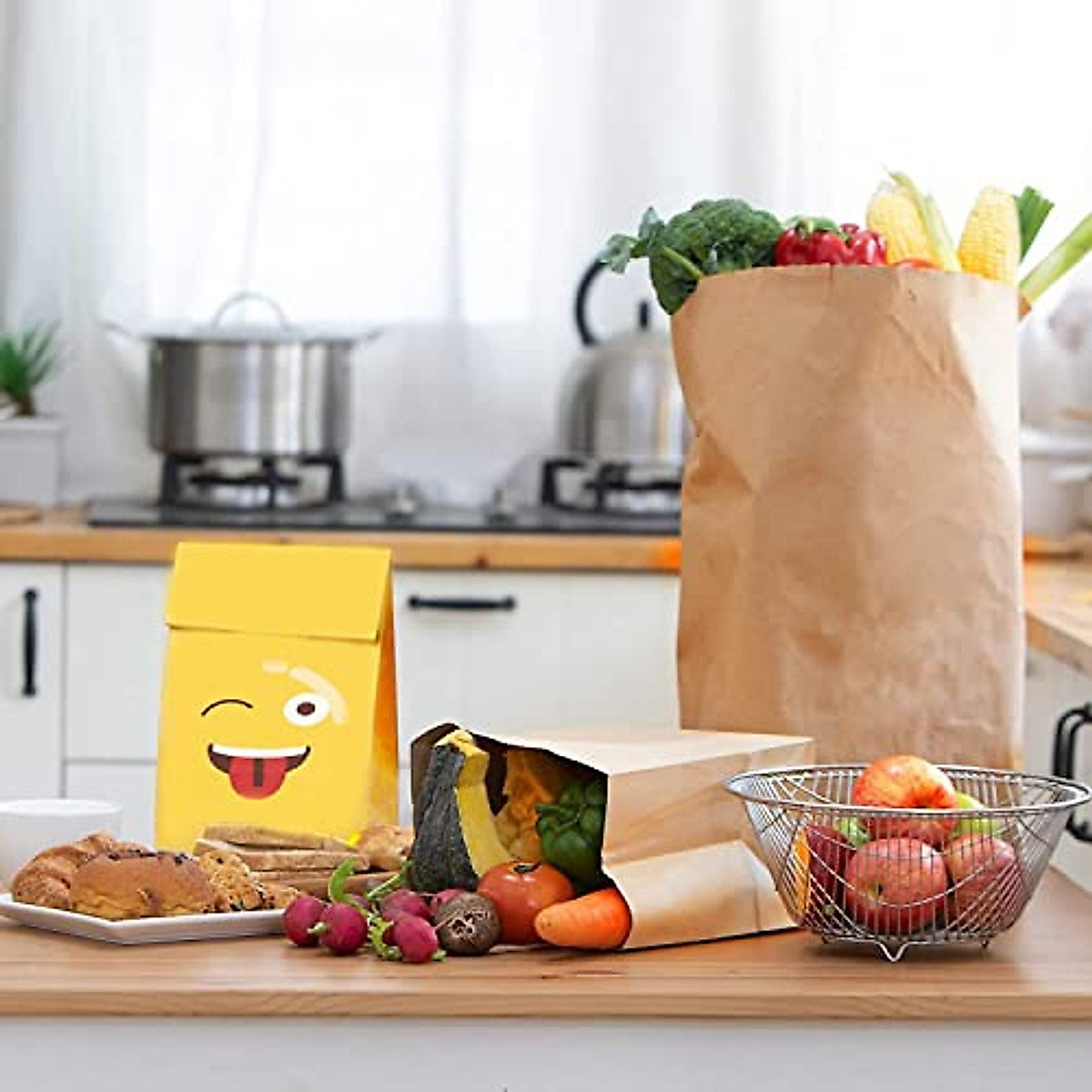 Expression paper bag, smiley paper bag, 48pcs Party Favor Bags, Colors Small Gift Bags, Small Kraft Paper Bags, Kids Goodie Bags with Stickers Small Gift Bag for Birthday Party Baby Shower Favor.