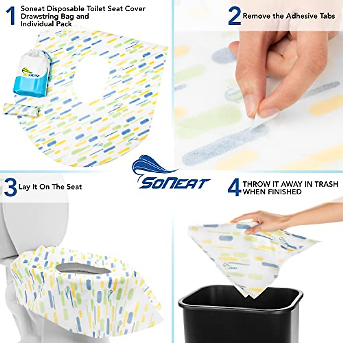 SoNeat Disposable Toilet Seat Cover - Extra Large Waterproof Toilet Seat Covers, Potty Training Seat Liners for Kids Travel and Public Restrooms, (Bright Lines, 4)