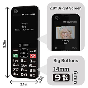 Jethro SC490 4G Unlocked Senior Cell Phone/Plan 6 Months, Unlimited Talk & Text, SIM Card Included, Easy-to-Use for Elders and Kids, Big Screen and Buttons, FCC Certified