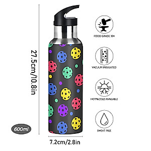 HJJKLLP Colorful Pickleball Sport Water Bottle with Straw Lid Double Wall Vacuum Insulated Stainless Steel Water Bottle 20 oz