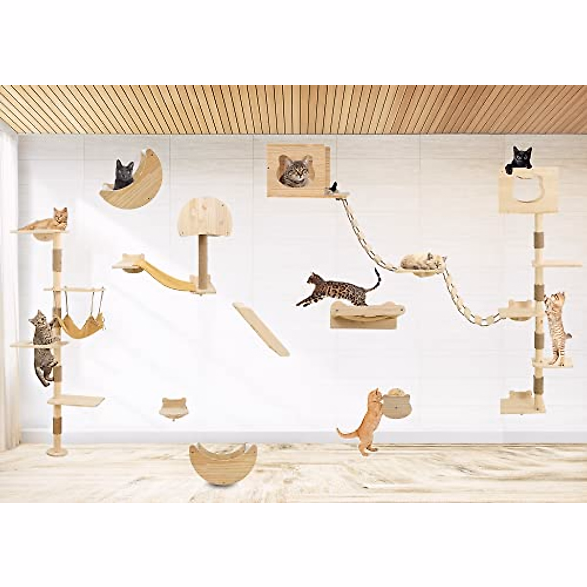 Cat Shelves and Perches Wall Mounted Indoor Cats Furniture Solid Wood Cat Wall House Set for Activity Climbers 5pcs/Set