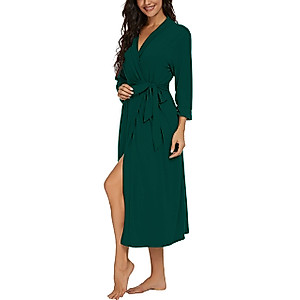 VINTATRE Women Kimono Robes Long Knit Bathrobe Lightweight Soft Knit Sleepwear V-neck Casual Ladies Loungewear Dark Green-X-Large