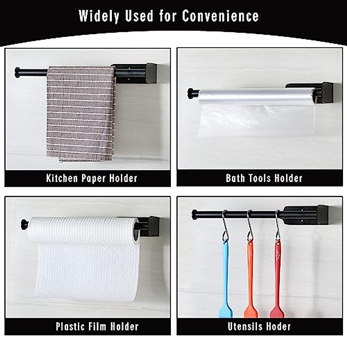 Paper Towel Holders, JJOO Stainless Steel Paper Towel Holder Under Cabinet, Wall Mount Hanging Paper Towel Holder for Kitchen, Available for Both Self-Adhesive or Drill mounting (Black)