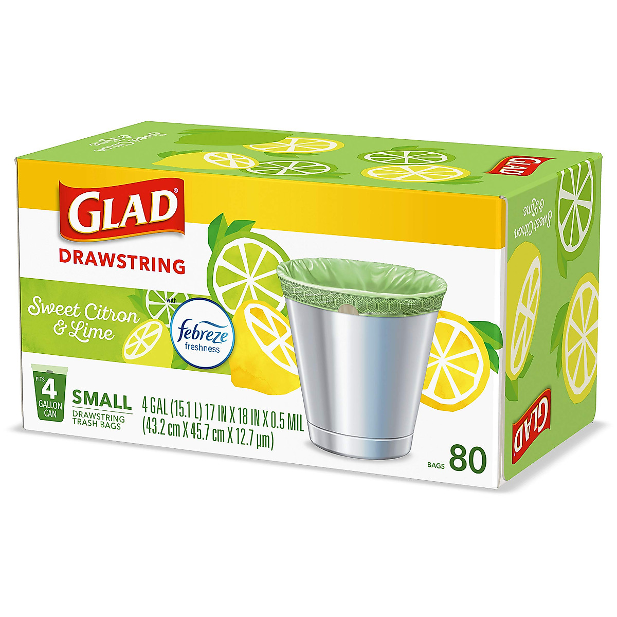 Glad Small Kitchen Drawstring Trash Bags – 4 Gallon Green Trash Bag Febreze , Sweet Citron & Lime, 80 Count (Package May Vary)