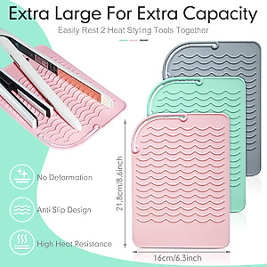 Zhehao 3 Pcs Silicone Heat Resistant Mat for Curling Irons Straightener Flat Iron Holder Travel Hair Iron Silicone Mat Pad for Hot Styling Tools, 8.6 x 6.2 Inch (Pink, Teal, Gray)