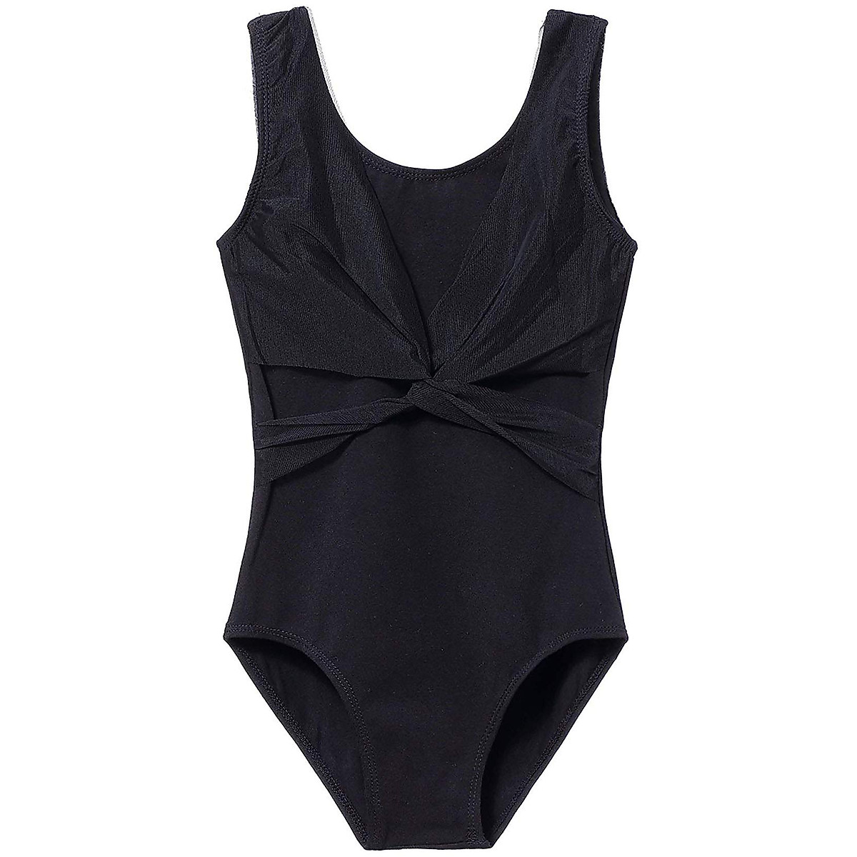 MdnMd Sleeveless Tank Leotard for Girls with Mesh Cross Front (Black, 12-14 Years)